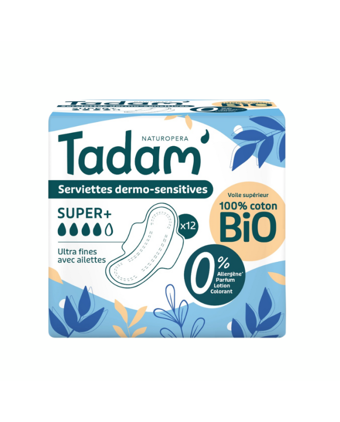 TADAM 12 SERVIETTES DERMO SENSITIVES SUPER + COTON BIO - TADAM - P...