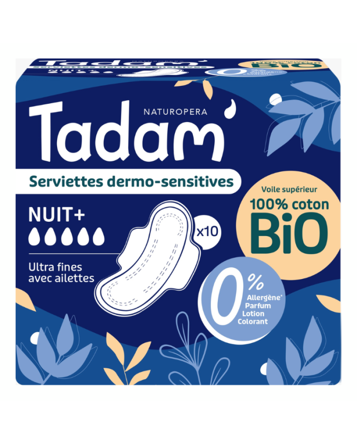 TADAM 10 SERVIETTES DERMO SENSITIVES NUIT + COTON BIO ULTRA FINE AV...